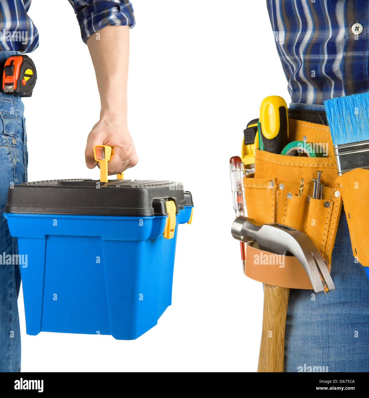 man and tool box with belt isolated on white background Stock Photo - Alamy
