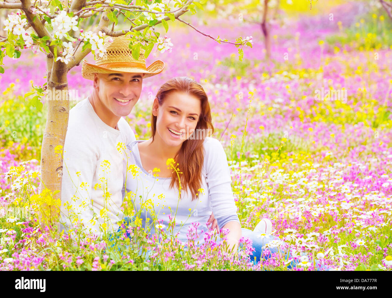 Beautiful couple relaxing outdoors, romantic relationship, summer ...