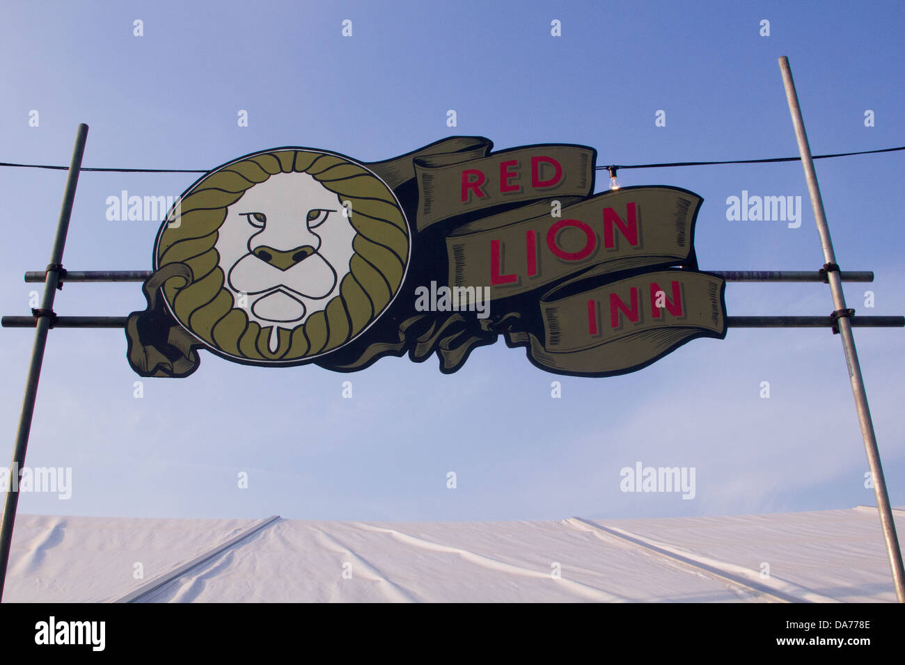 Backstage bar the Red Lion Inn sign at the Glastonbury Festival 2013 ...