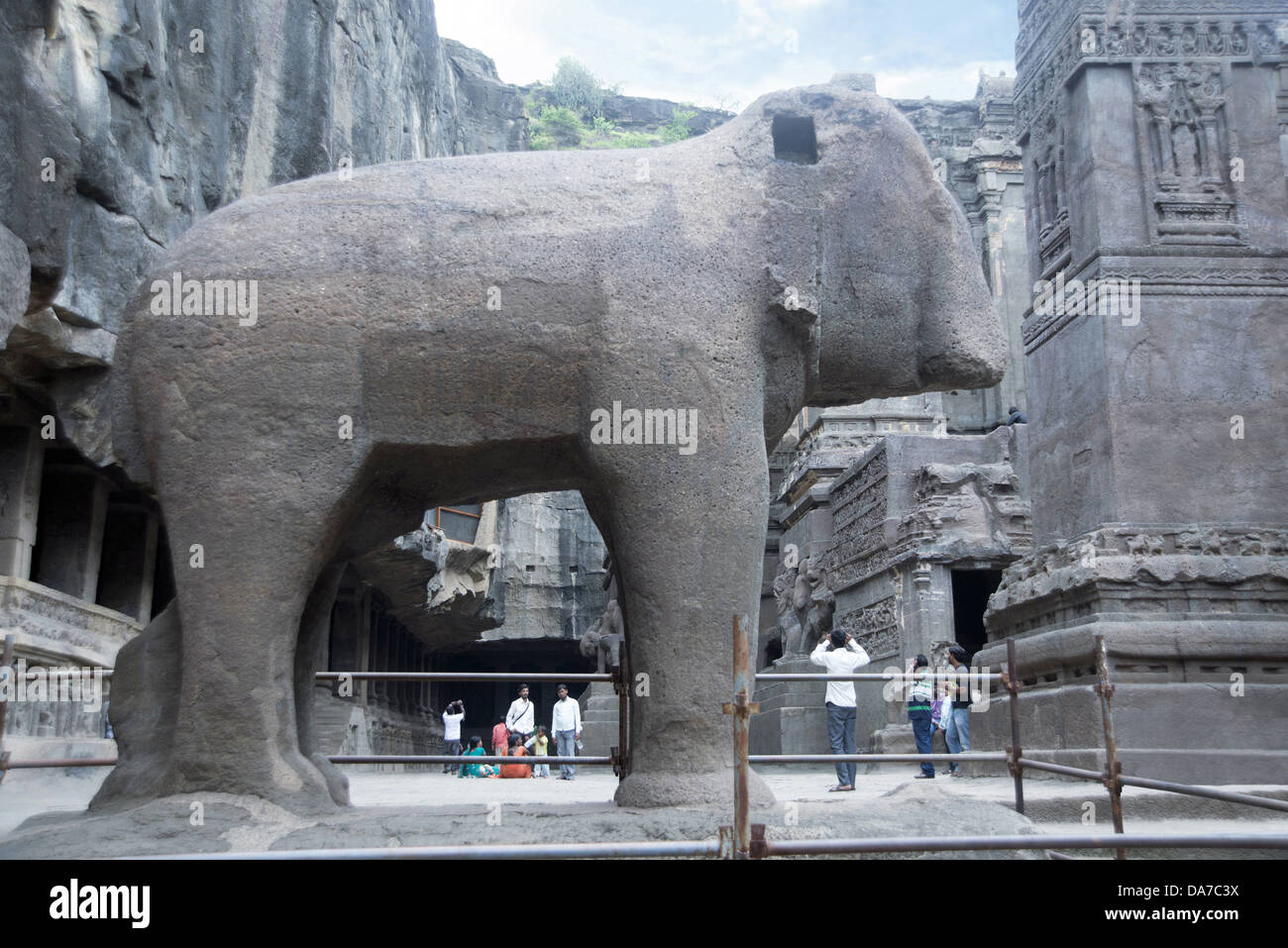 Cave No 16 : The rock-cut elephant in the right wing. Cave Kailasa ...