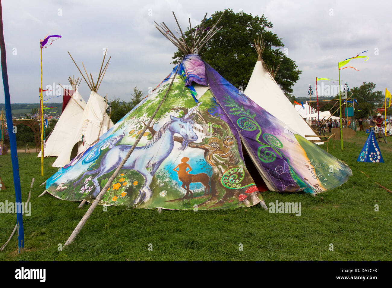 Tipi or Tee pee field at the Glastonbury Festival 2013. Somerset ...