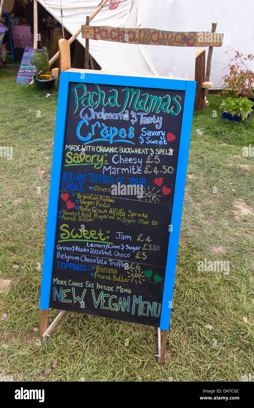 Cafe sign in the Tipi or Tee pee field at the Glastonbury Festival 2013 ...
