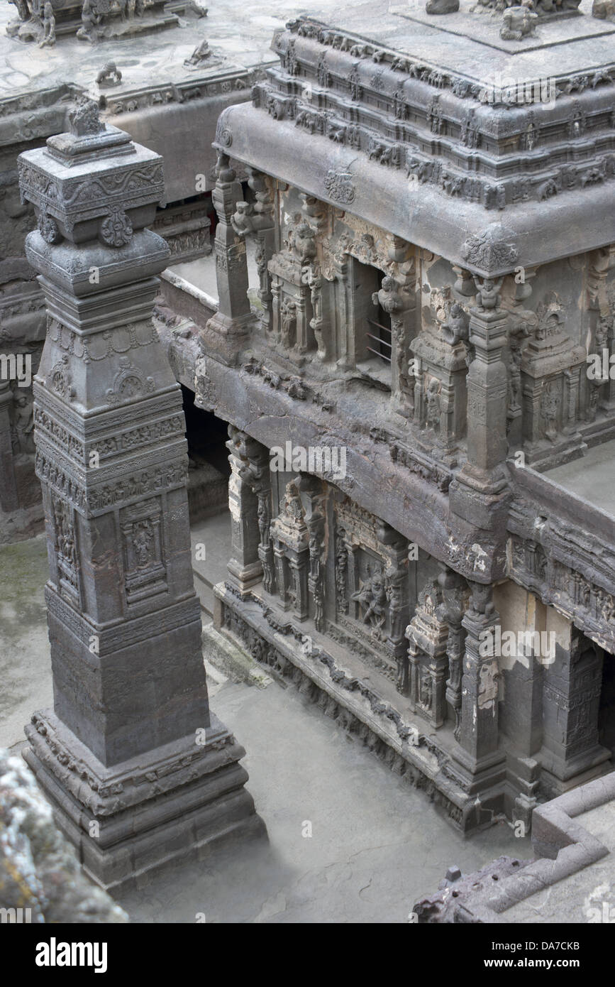 Cave No 16 : View from south-East showing the dhvaja stamba (Victory ...