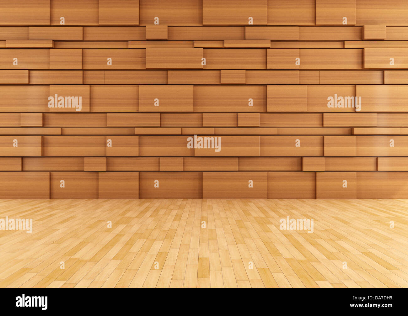 empty room with contemporary wooden panel and parquet - rendering Stock ...