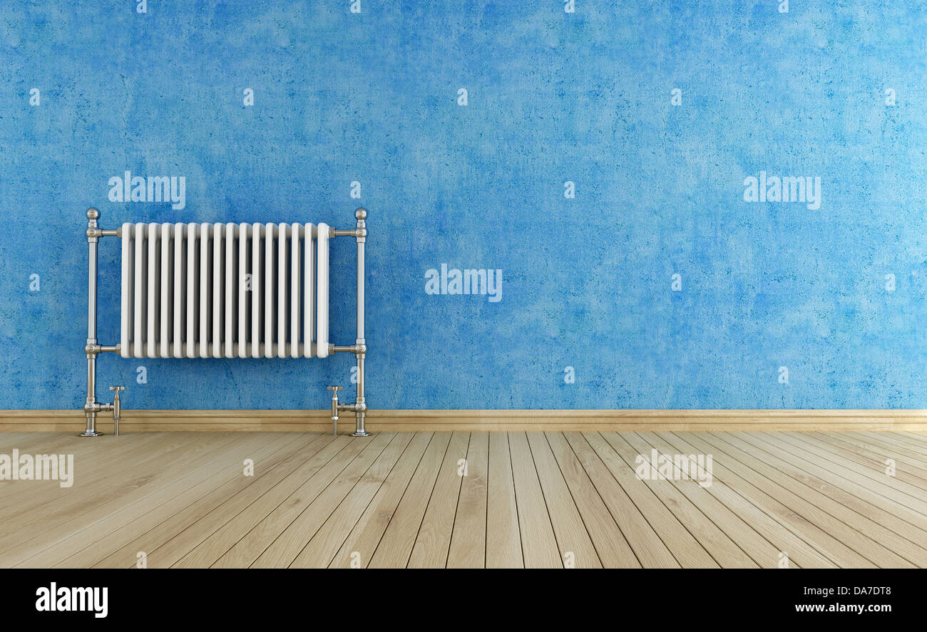 blue empty interior with vintage hot water radiator -rendering Stock ...