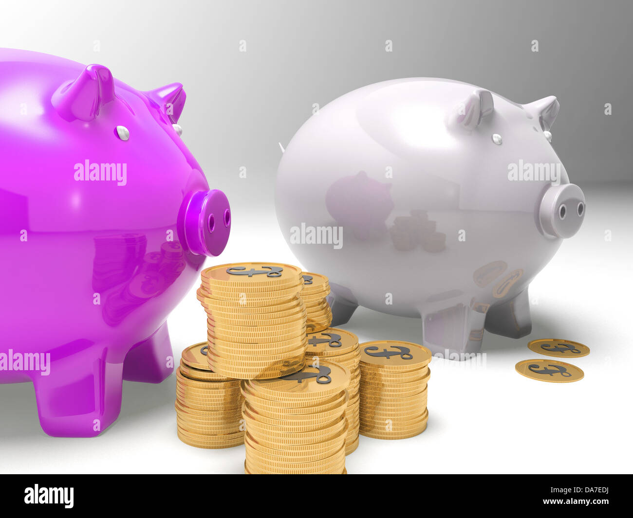 Piggybanks And Coins Showing England Currency And Finances Stock Photo ...