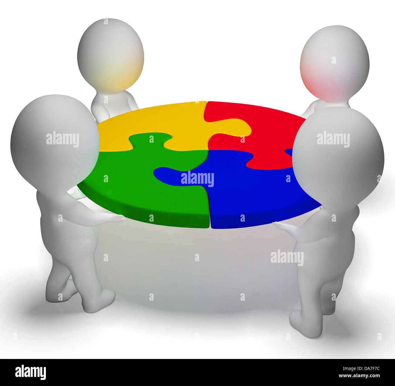 Puzzle Solved And 3d Characters Shows Team And Teamwork Stock Photo - Alamy