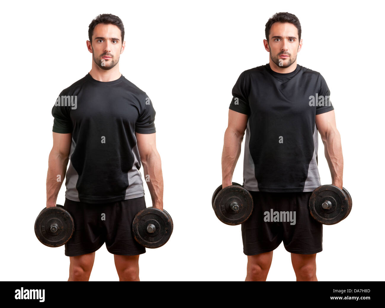 Personal Trainer doing dumbbel shrugs for training his trapezius ...