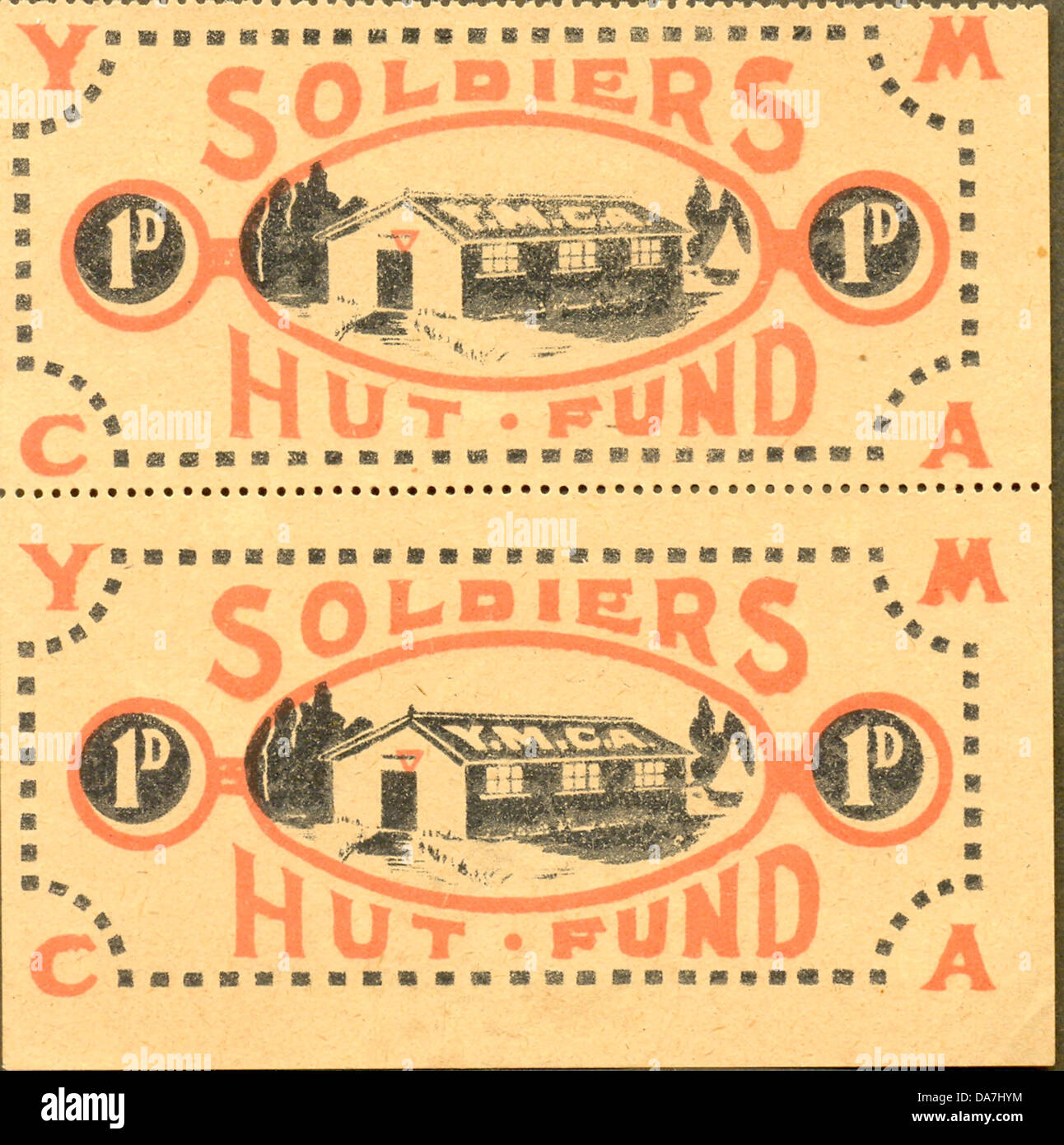 World War One YMCA charity stickers for the Soldiers Hut Fund Stock ...