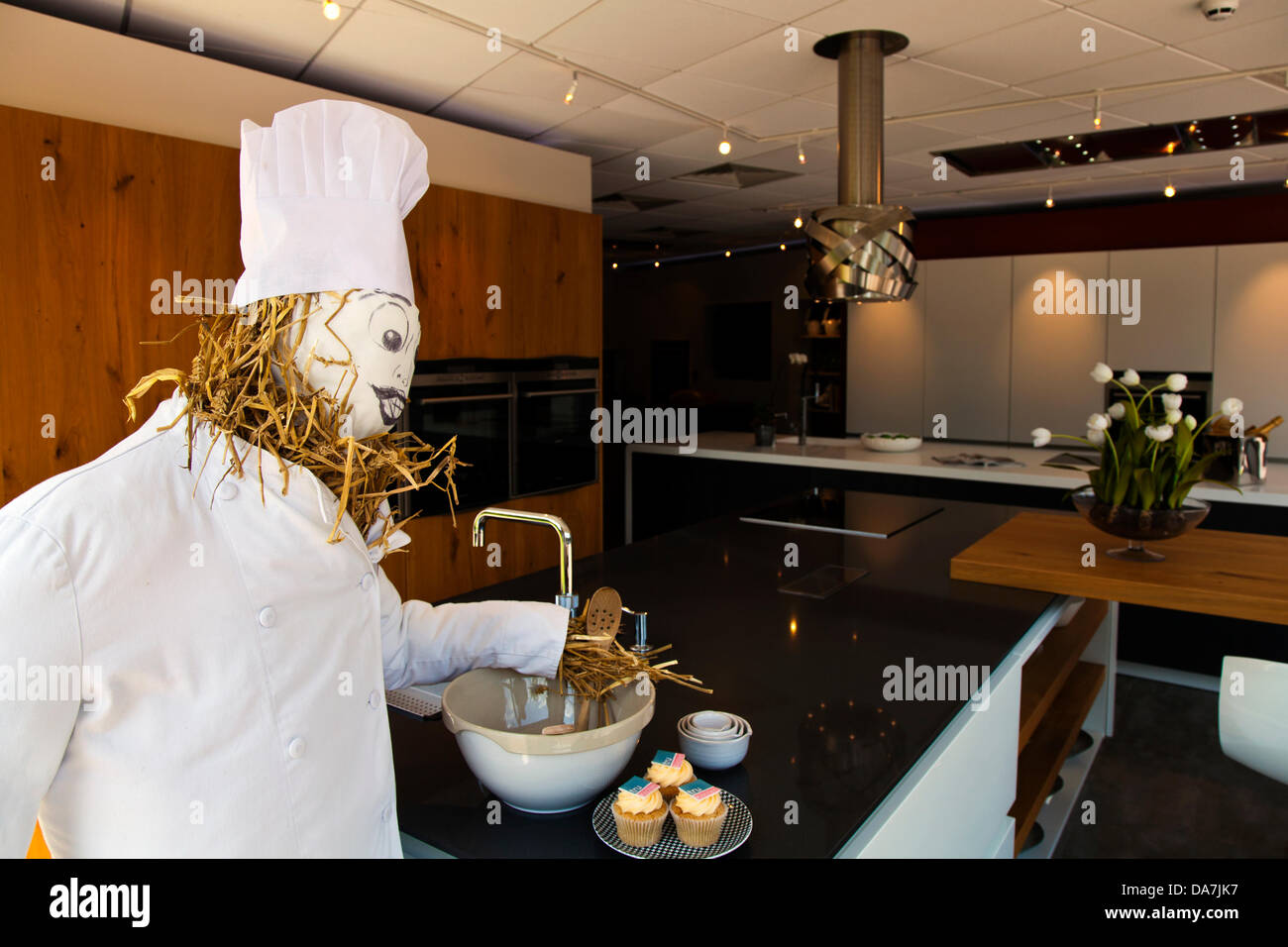 Kitchen showroom with straw stuffed Chef & chef's trousers, chef's ...