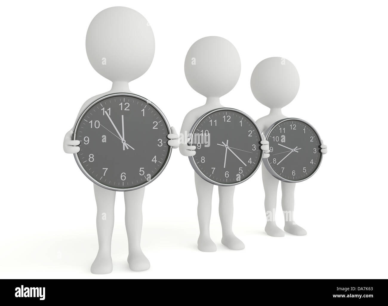 Three 3d humanoid character hold a clock on white Stock Photo - Alamy
