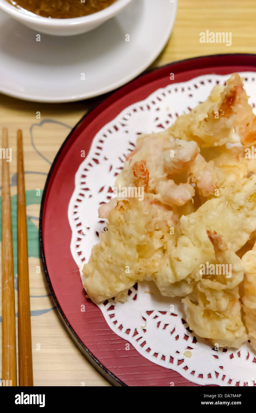 top view deep fried Shrimps with chopsticks on table , (Tempura Stock ...