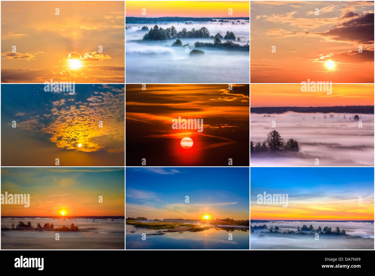 The sun shining over low cloud. Set, Collage Stock Photo - Alamy