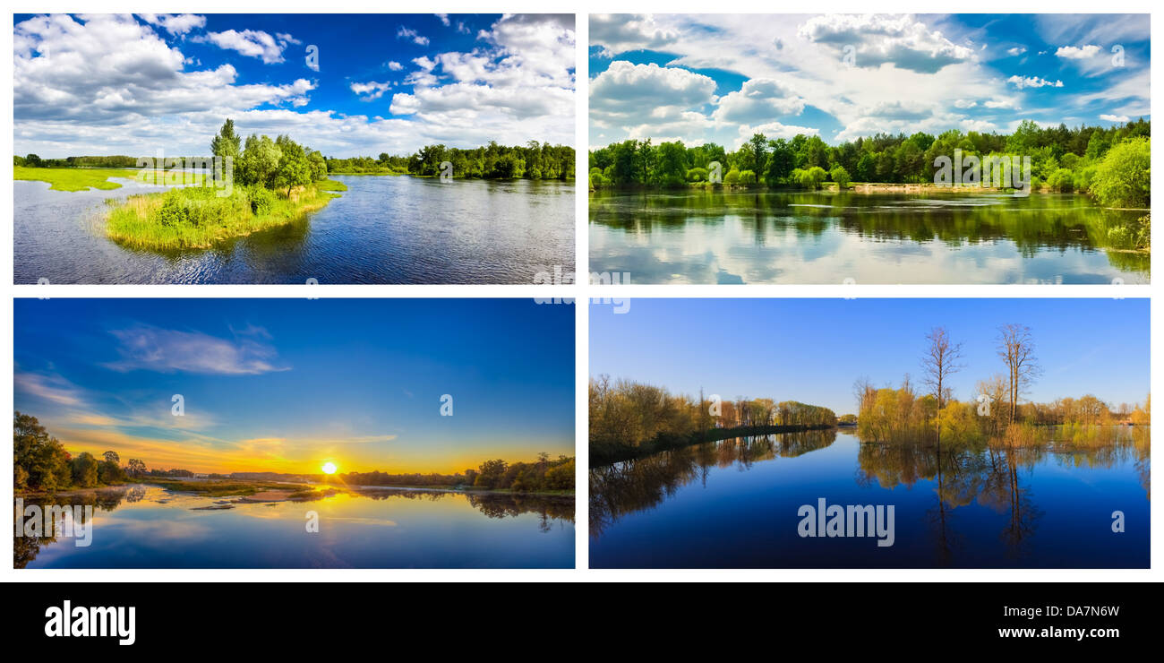 Summer Forest River With Reflection Of The Coast. Set, Collage Stock ...
