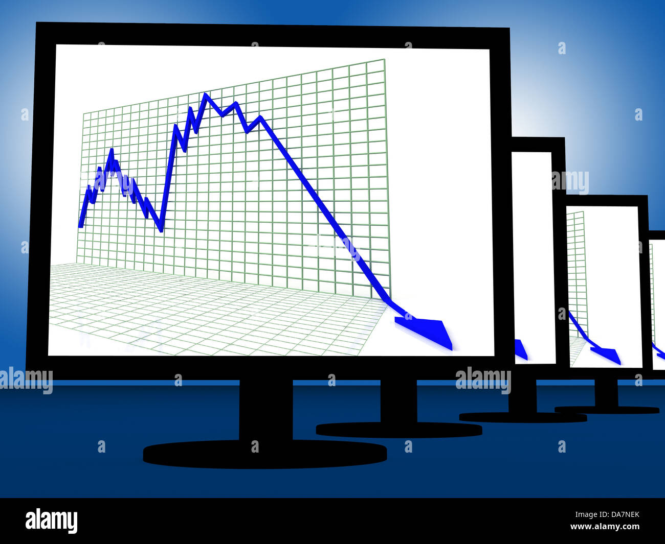 Arrow Falling On Monitors Shows Failure Or Monetary Crisis Stock Photo ...