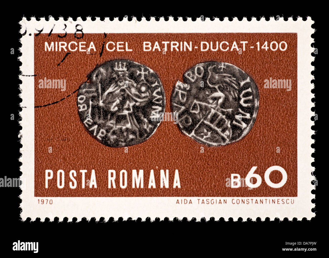 Postage stamp from Romania depicting a Mircean ducat from 1400 Stock ...