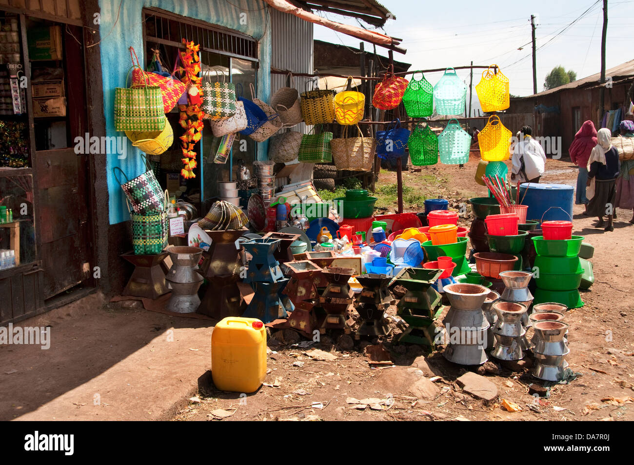 Shop selling coffee ceremony braziers and colorful containers, Waliso ...