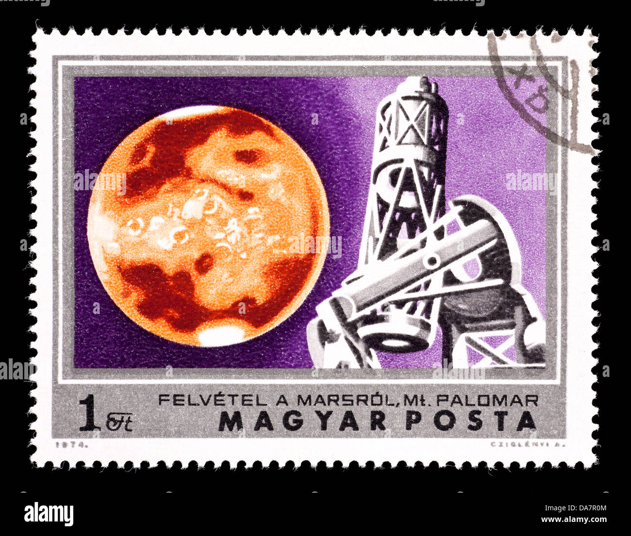 Postage stamp from Hungary depicting Mars and Mt Palomar observatory ...