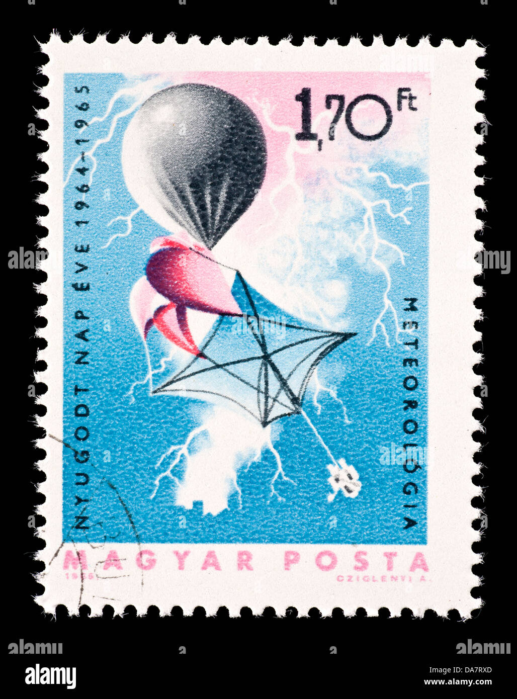 Postage stamp from Hungary depicting a weather balloon and lightning ...