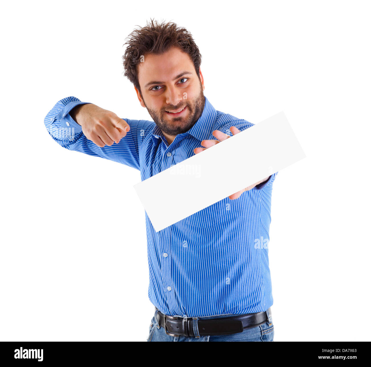 Happy young man showing and displaying placard Stock Photo - Alamy
