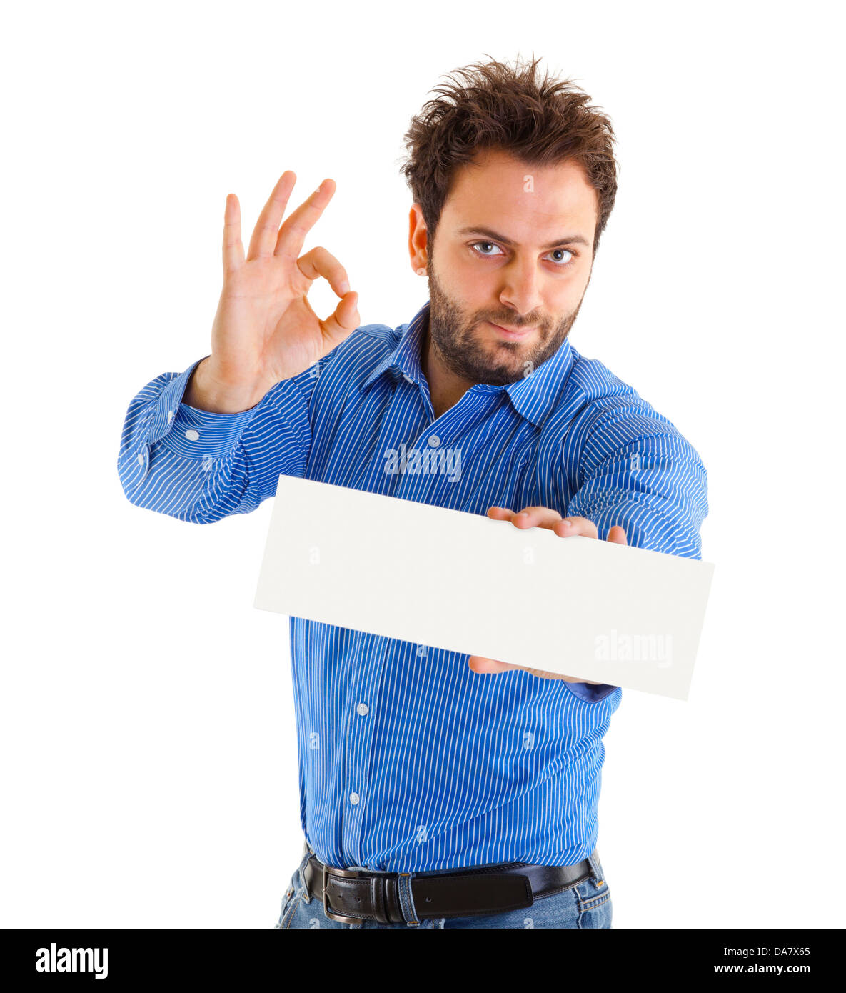 Happy young man showing and displaying placard Stock Photo - Alamy