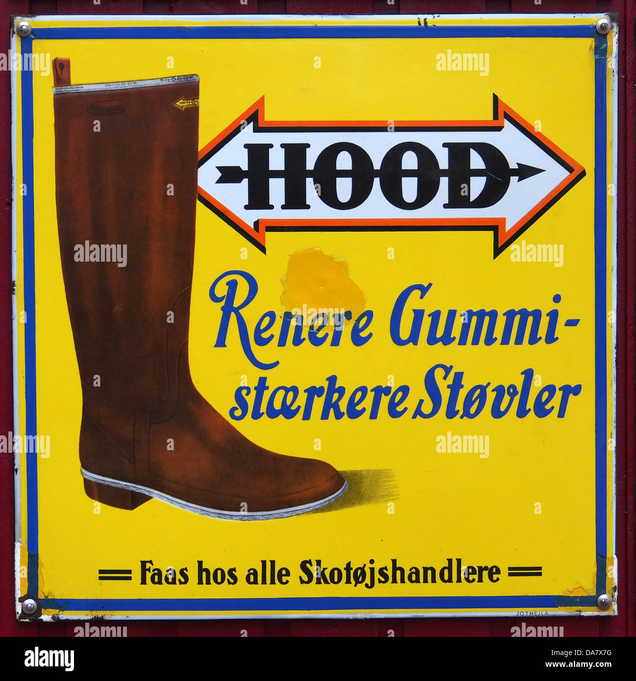 This vintage Danish enamel advertising sign features the Hood brand ...