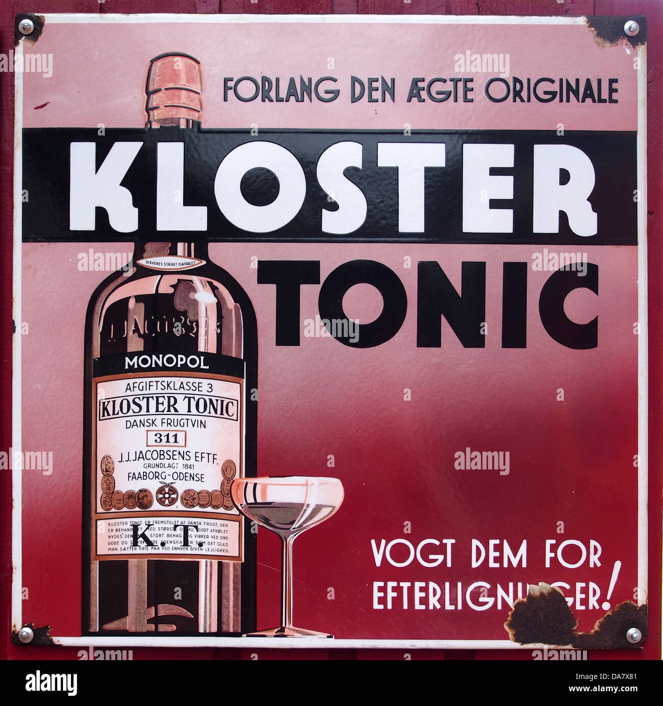 This old Danish enamel advertising sign promotes Kloster Tonic, a ...