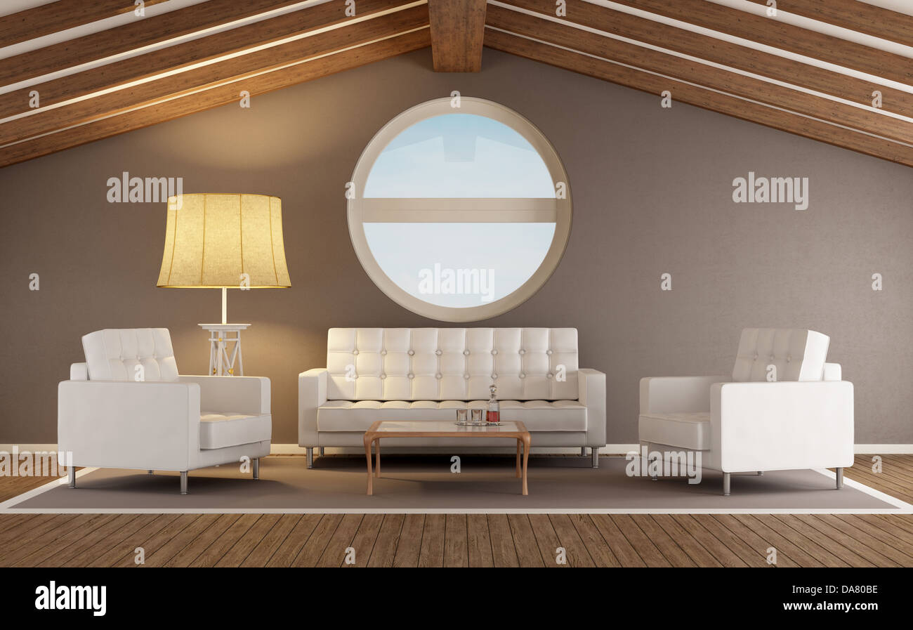 Modern living room in an attic with wooden roof and round window ...