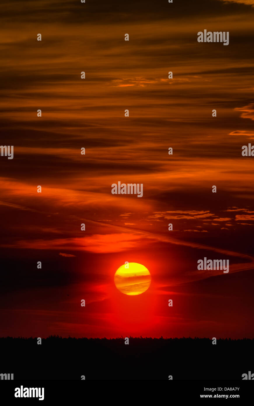 Sun, Sky, Clouds Big Sun Setting. Orange Sky And Dramatic Sunbeams ...