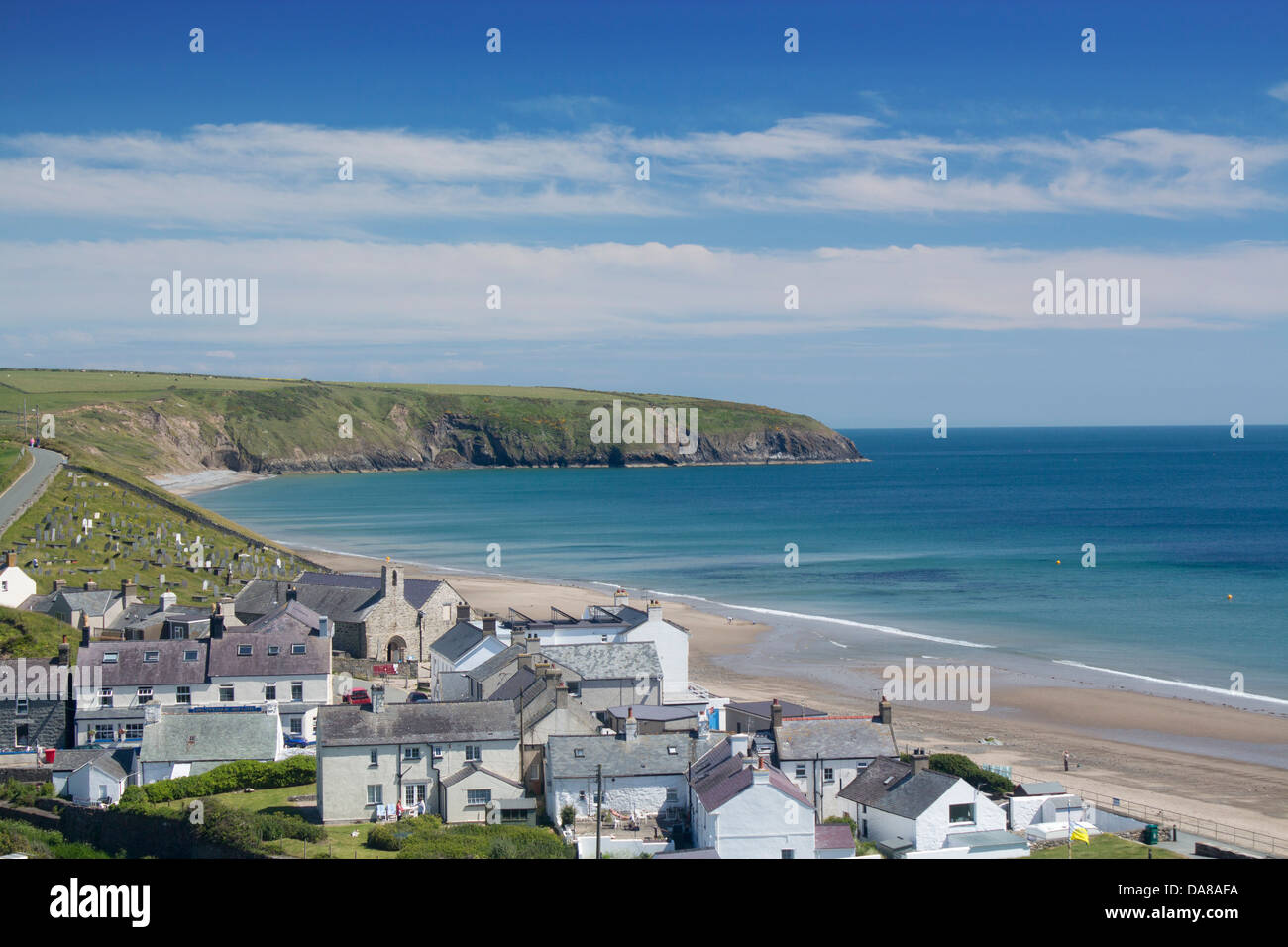 General view of Aberdaron village, beach and bay Llyn Peninsula Gwynedd ...