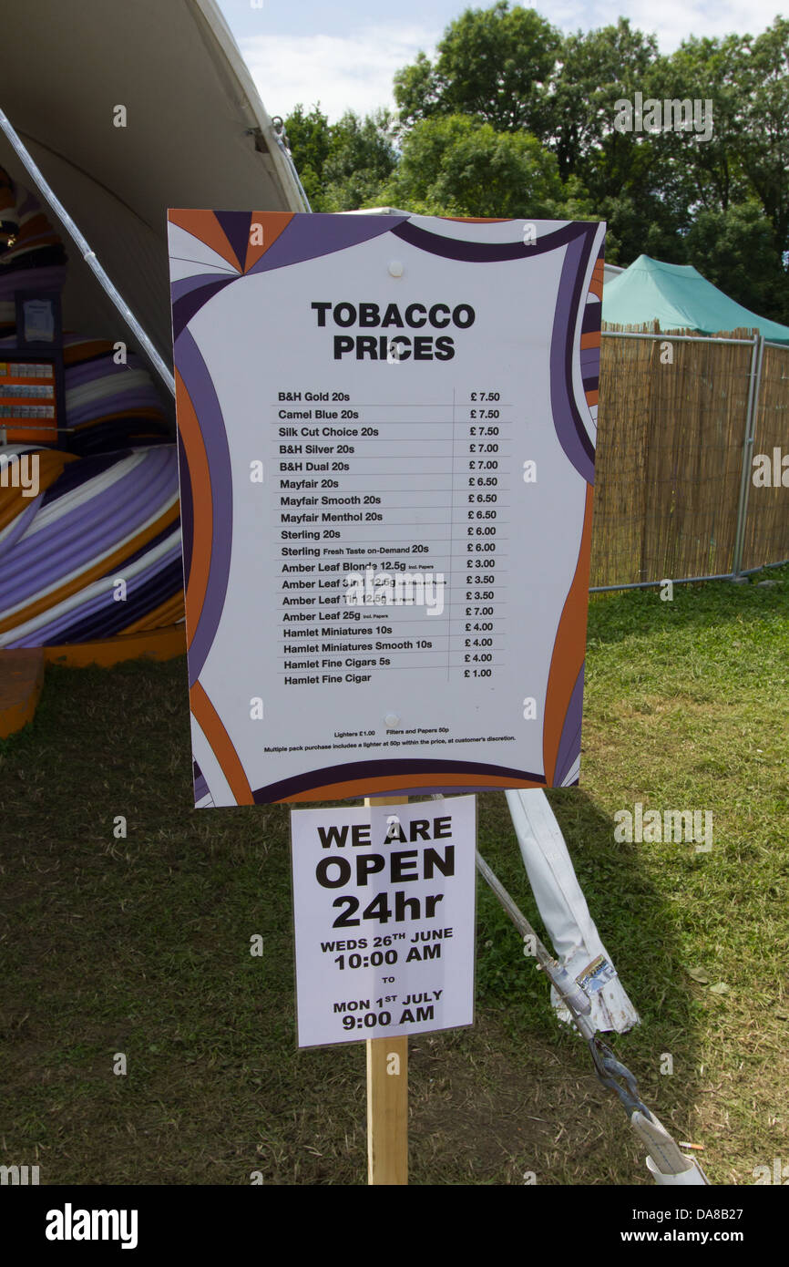 Cigarette and tobacco market stall at the Glastonbury Festival 2013 ...