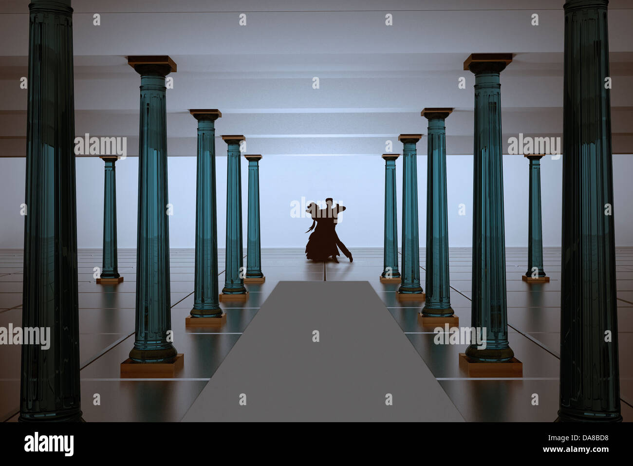 Silhouette of a couple dancing between glass columns Stock Photo - Alamy