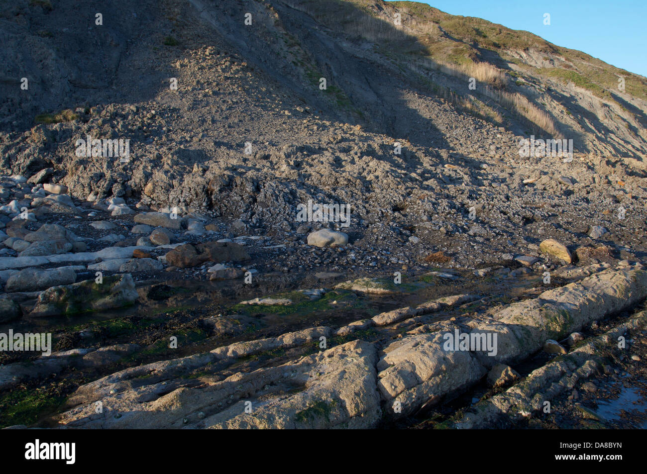 A scree of mudslide debris from a collapsed cliff at Black Head near ...