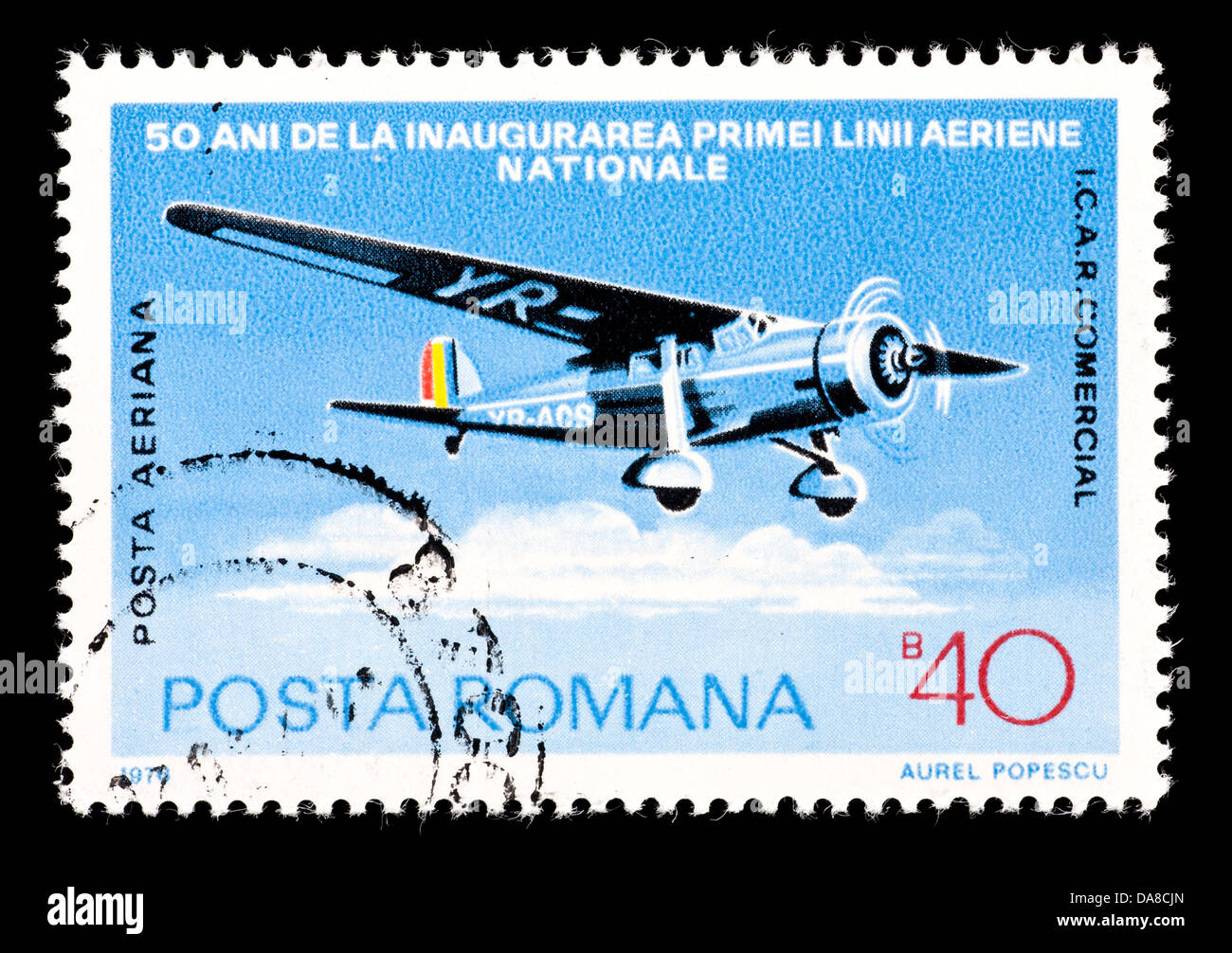 Postage stamp from Romania depicting an I.C.A.R. Commercial airplane ...