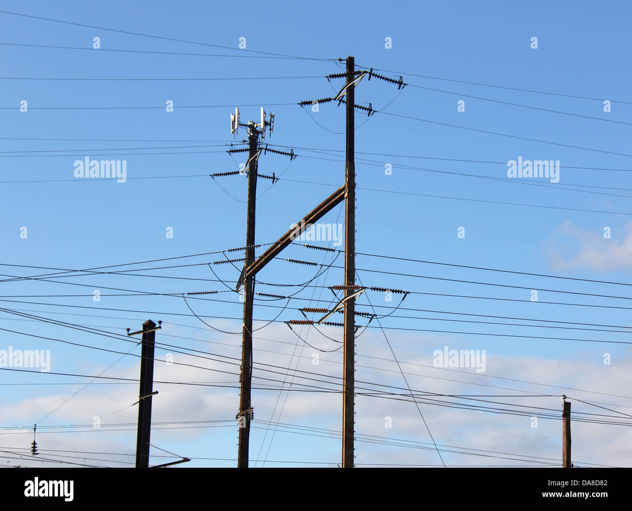 Electrical posts, wires and a cell antenna integrated in one of the ...