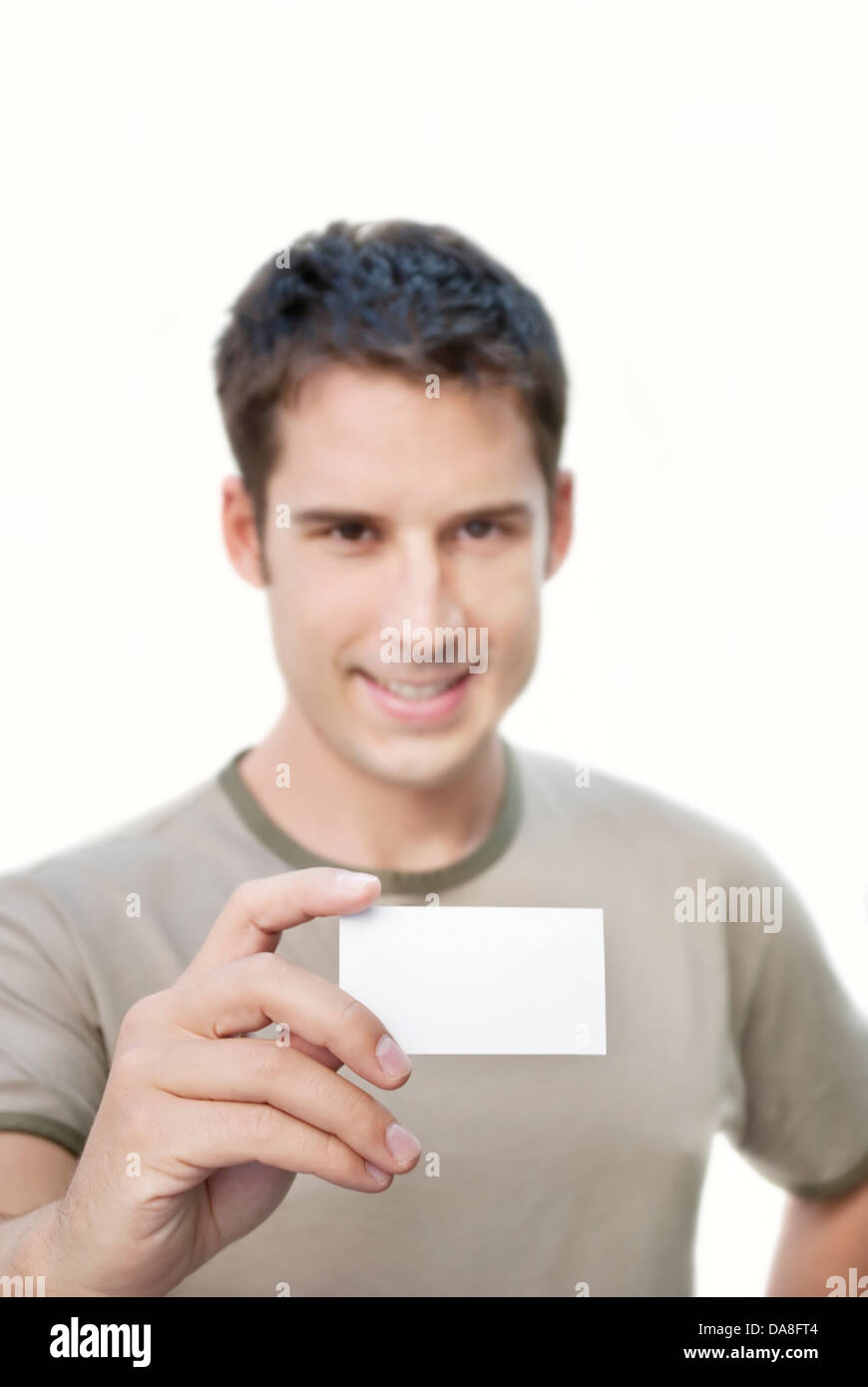 Smiling man holding empty card in his hand Stock Photo - Alamy