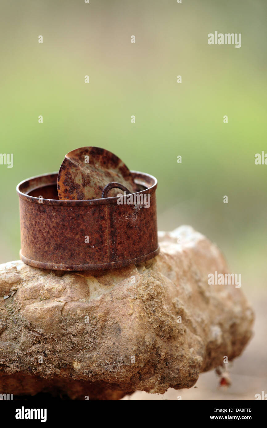 an old tin can over a stone Stock Photo - Alamy