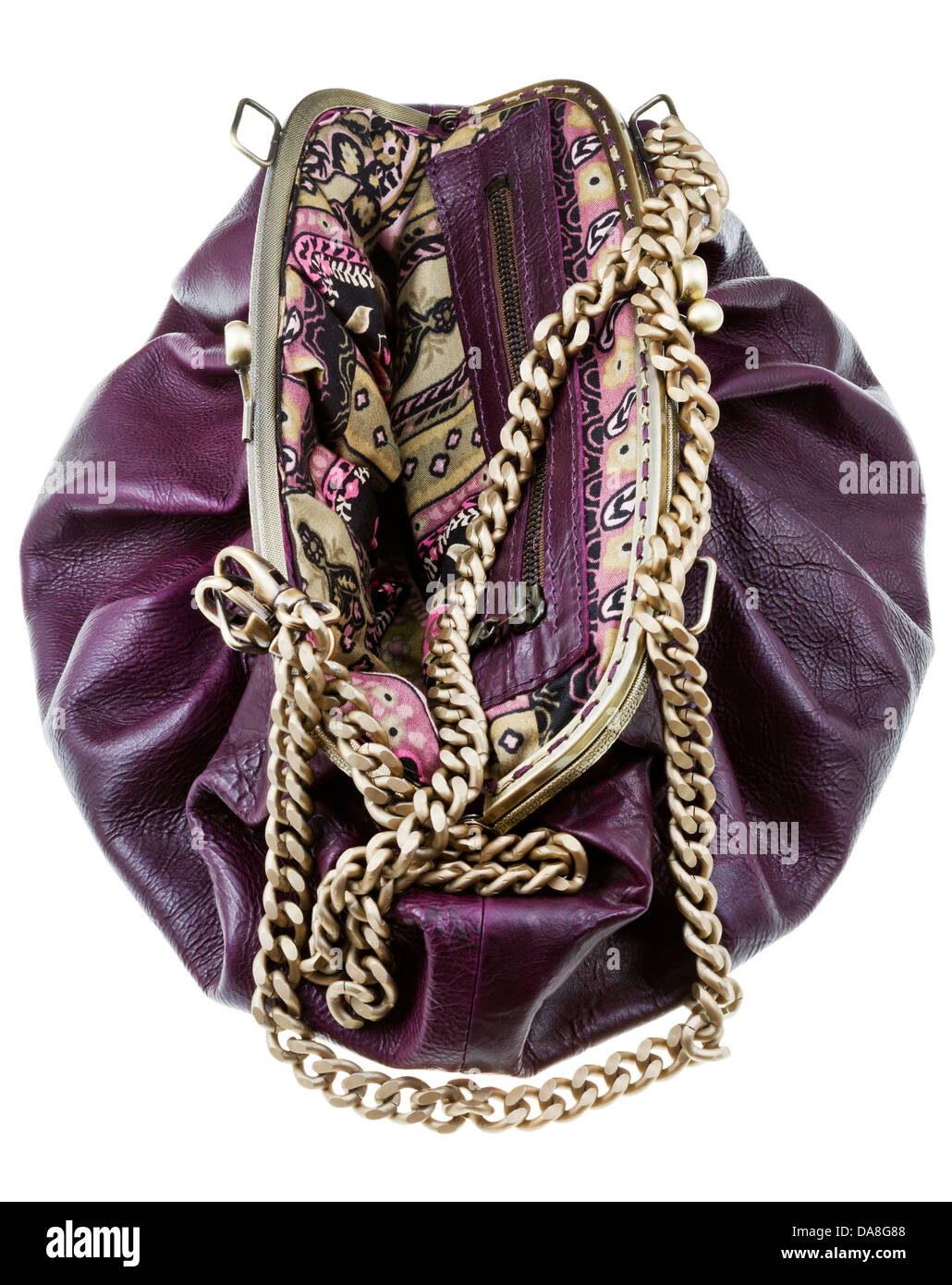 open dark cherry color leather retro style woman bag isolated on white ...