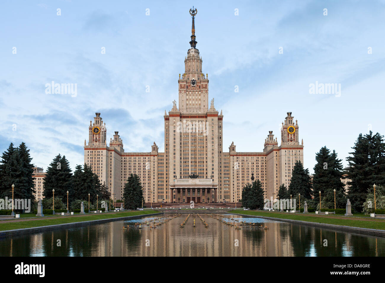 facade of main building of Moscow State University in early morning ...