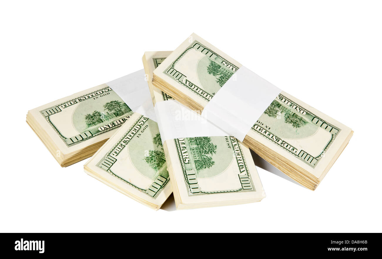 Four stacks of one hundred dollars banknotes isolated on white ...