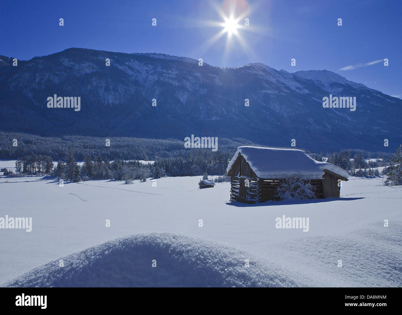 Austria, Europe, Tyrol, Gurgltal, Nassereith, winter, snow, Stadel, hay ...