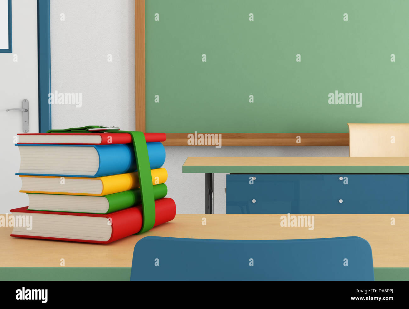 stack of books on the school desk in the front row - rendering Stock ...