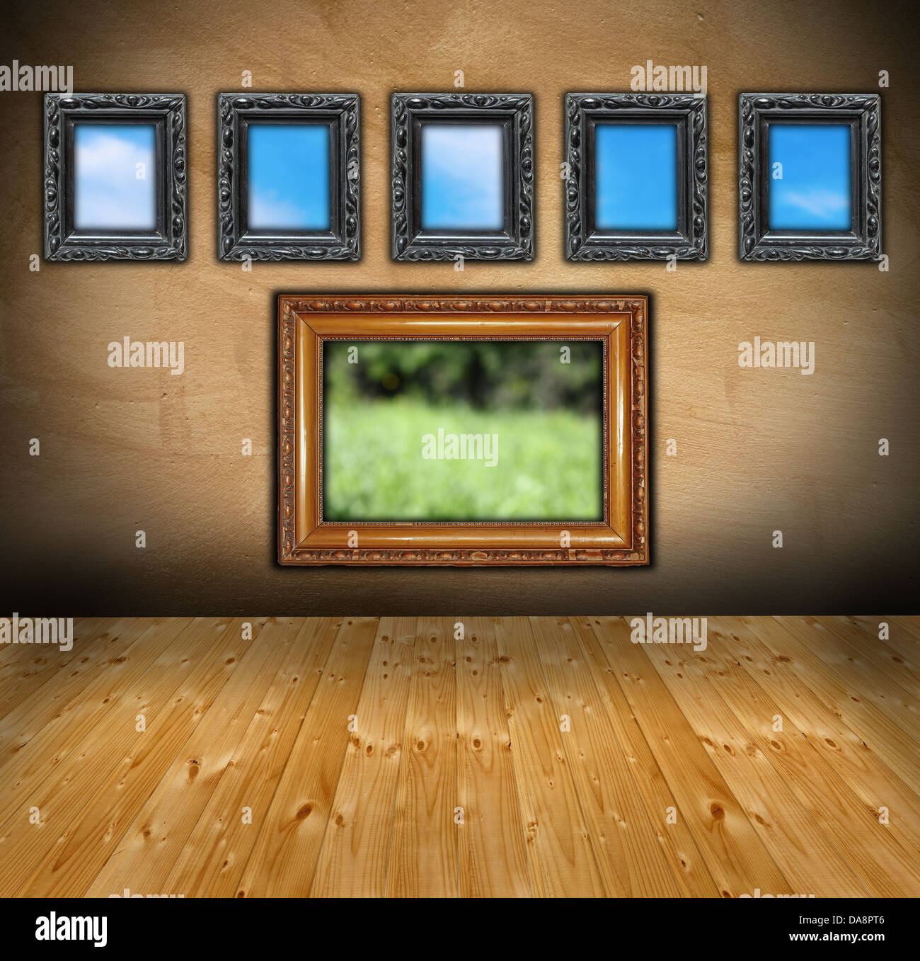 abstract interior with ancient beautiful wooden frames on wall - you ...