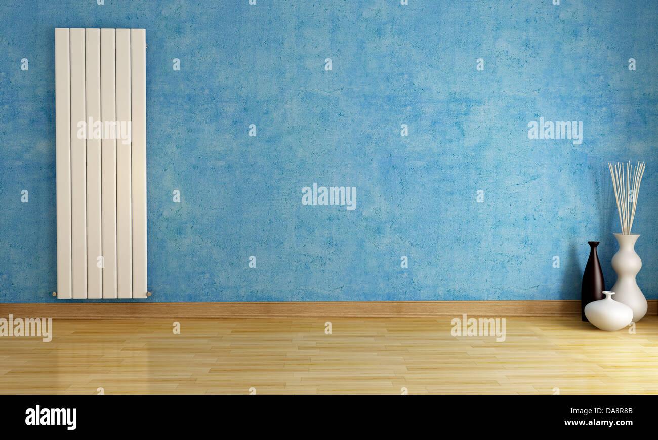 Blue empty room with vertical hot water radiator - rendering Stock ...
