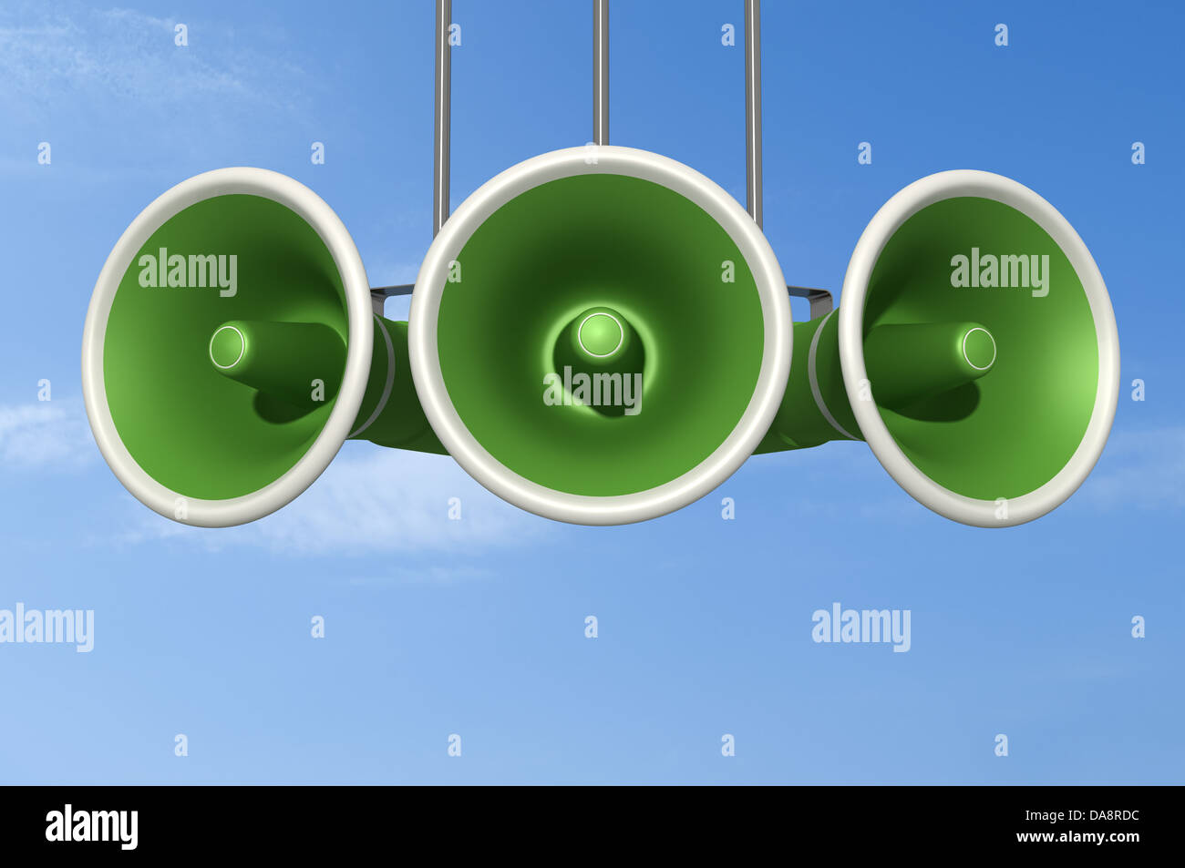 three green megaphone against blue sky - rendering Stock Photo - Alamy
