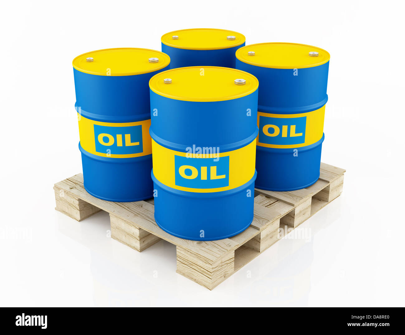 blue and yellow oil barrels on wooden pallet with isolated on white ...