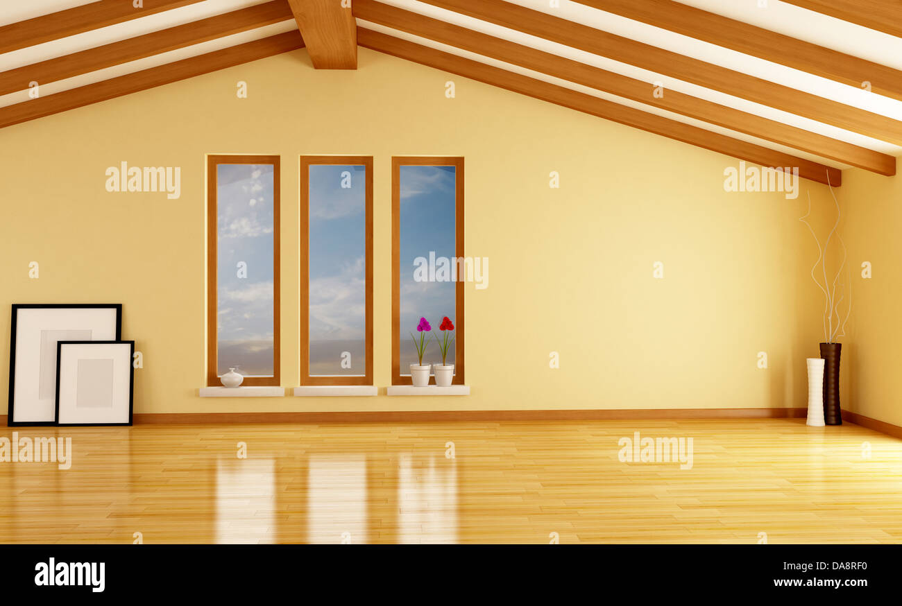 empty attic with wooden beam - rendering-- the sky on background is a ...