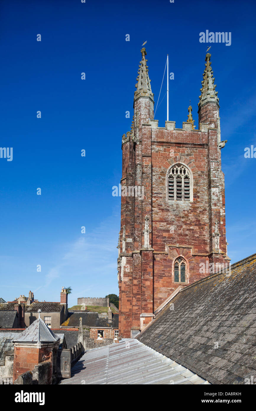 England, Devon, Totnes, St Mary's Church and Totnes Castle Stock Photo ...