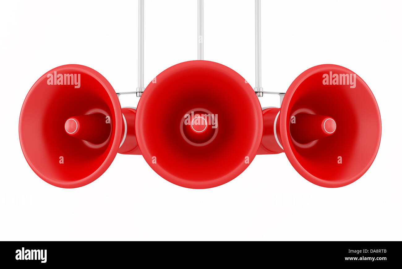 red megaphone isolated on white background - rendering Stock Photo - Alamy