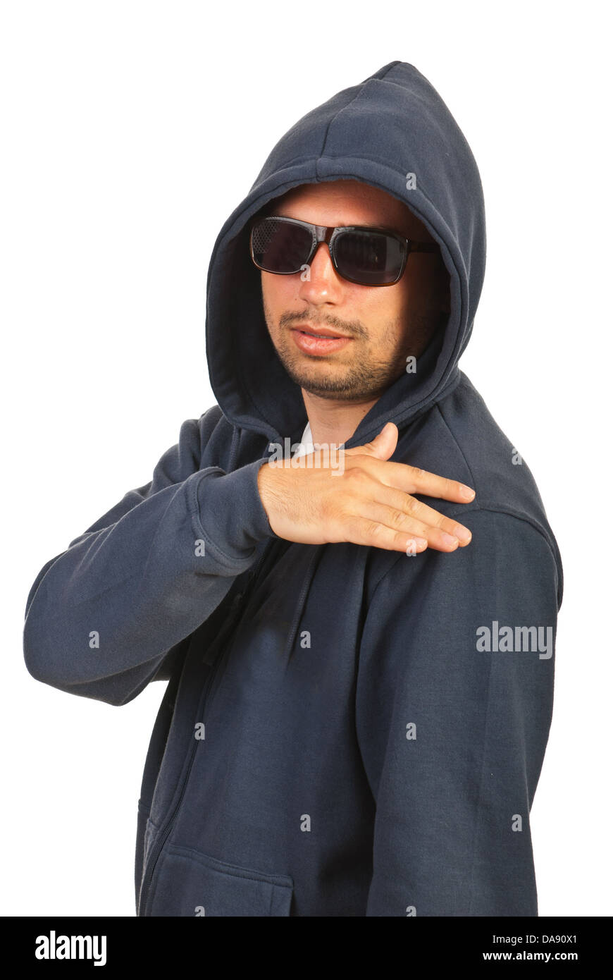Rapper man with hood and sunglasses gesturing isolated on white ...